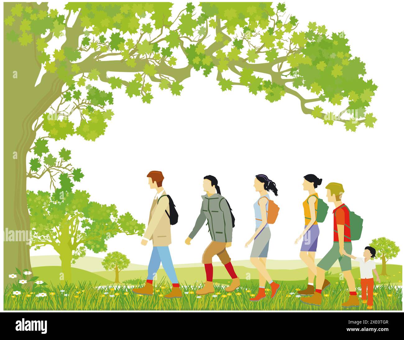 Hiking in group active, illustration Stock Photo - Alamy