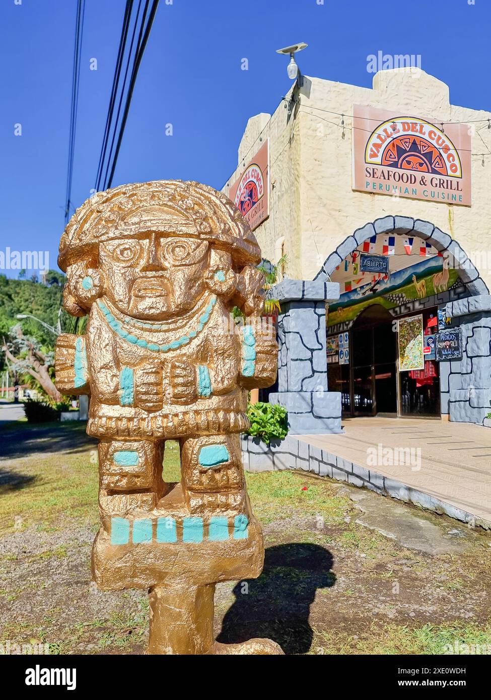 Panama, Boquete town, exterior view of Peruvian restaurant with golden ...
