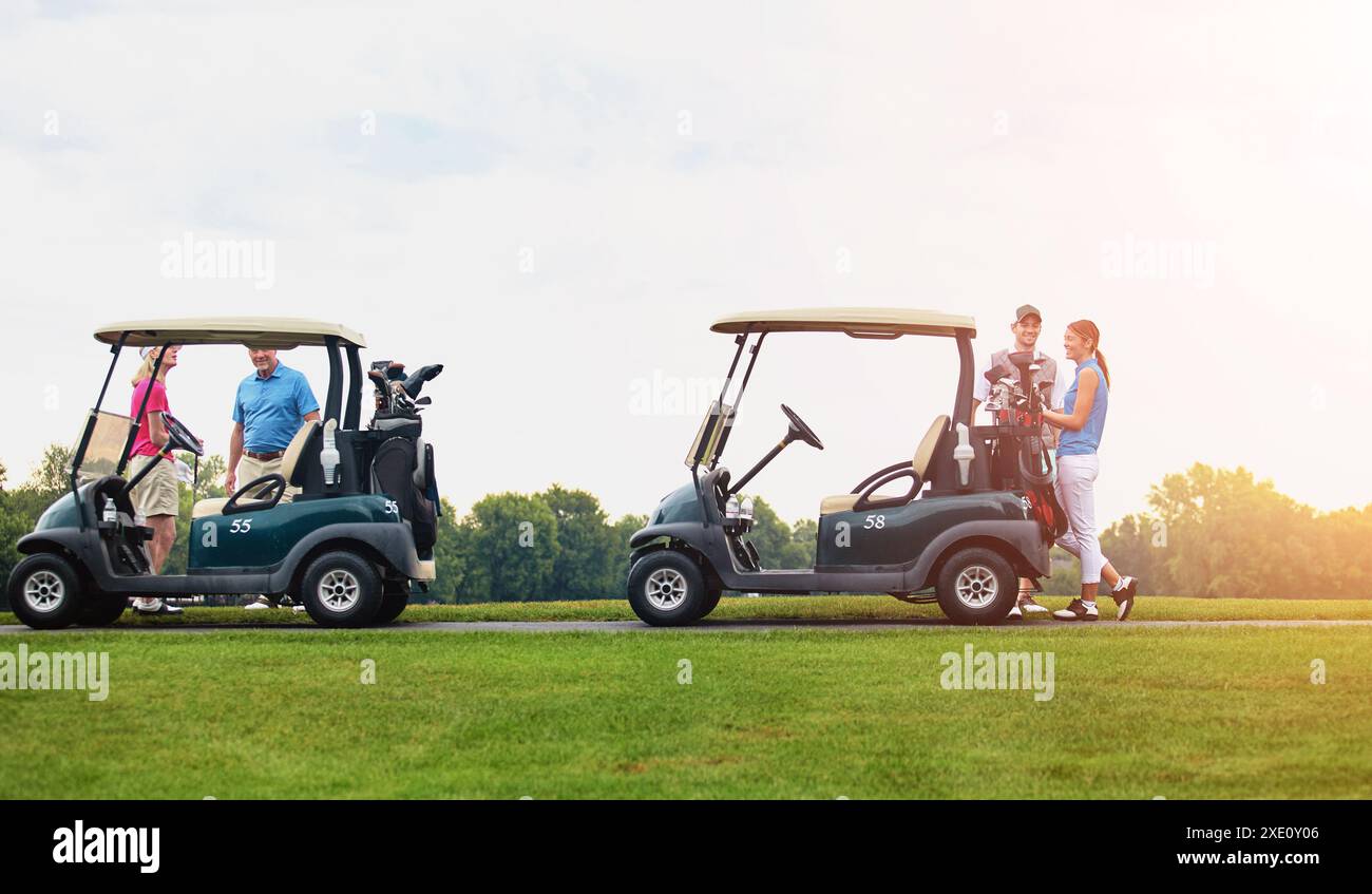 Golf cart, people and happiness with hobby, game and leisure with ...