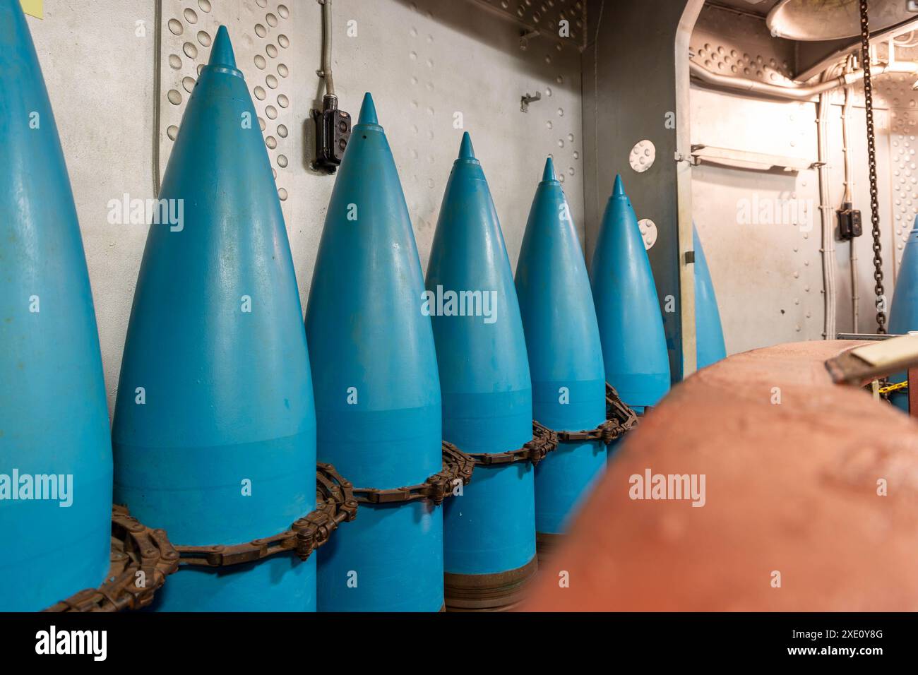 Blue training ammunition for the 16-inch cannons on a World War II ...