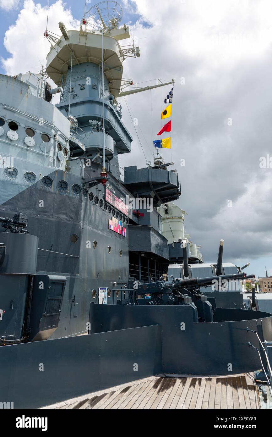 Wilmington, NC / USA - June 22, 2024: Twin Bofors 40mm cannons mounted ...