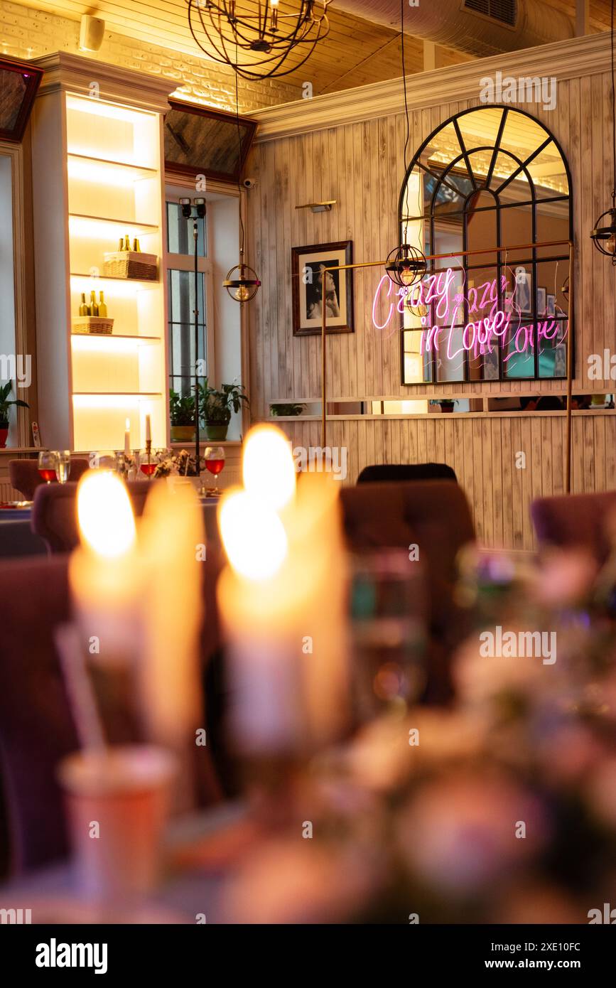 Atmospheric candle decor with live fire on the banquet Stock Photo - Alamy