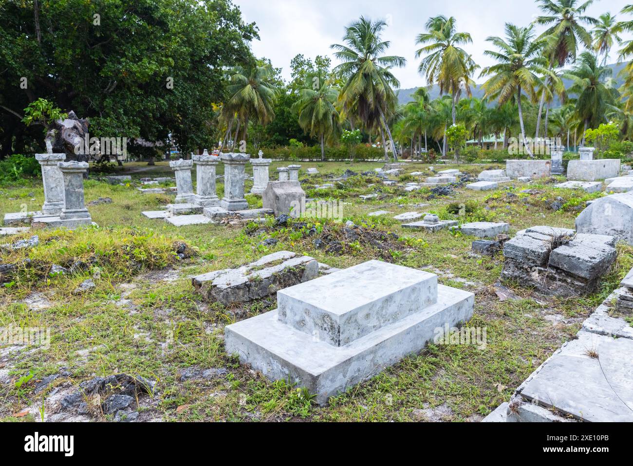 La Digue island cemetery, Seychelles. Landscape with ancient gray ...