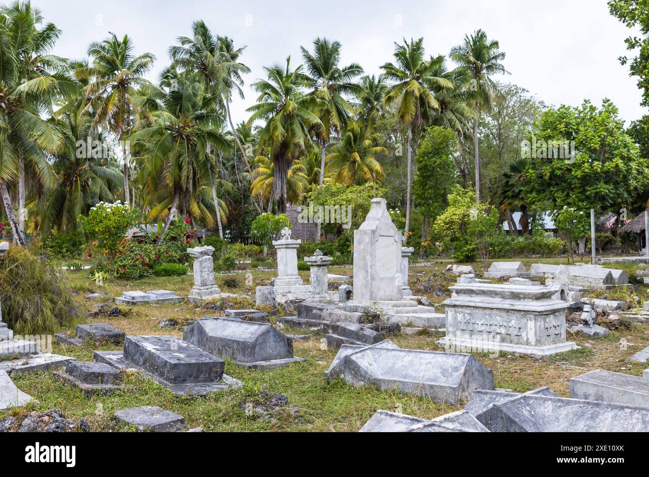 Ancient gray gravestones at La Digue island cemetery, Seychelles Stock ...