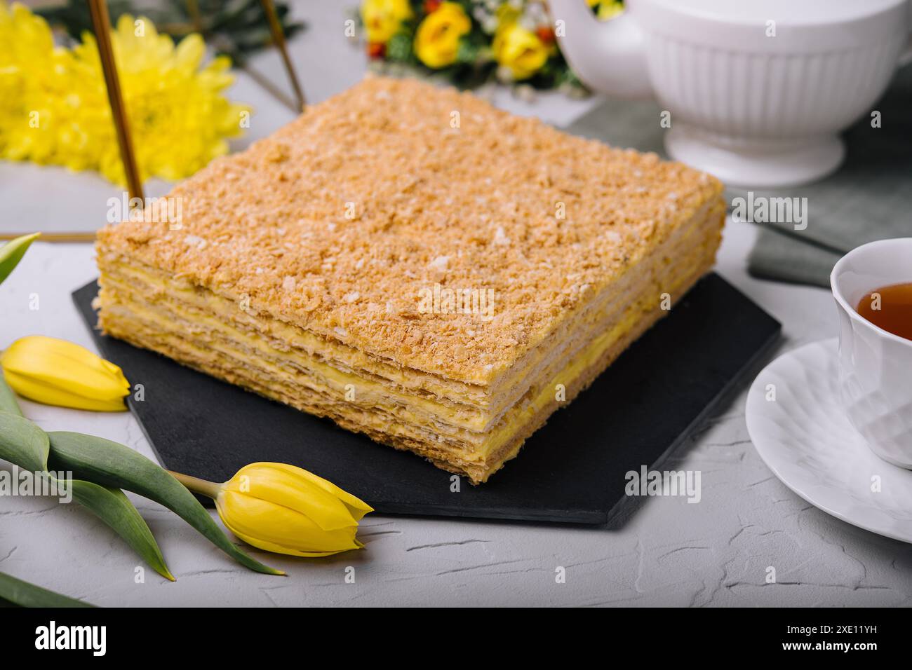 Layered cake with cream napoleon millefeuille vanilla Stock Photo - Alamy