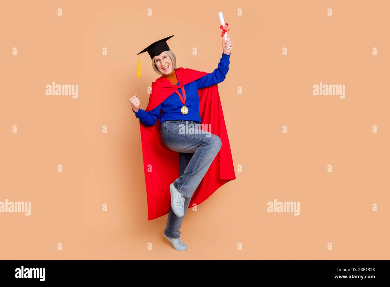 Full length photo of lovely pensioner lady winning diploma success ...
