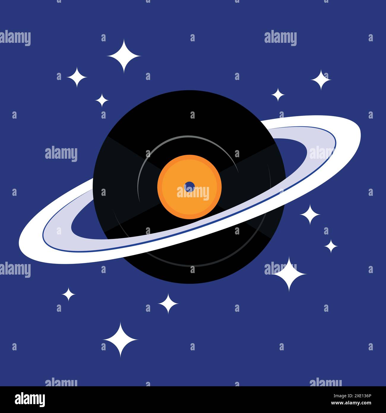 Black vinyl record forming Saturn planet over blue background with ...
