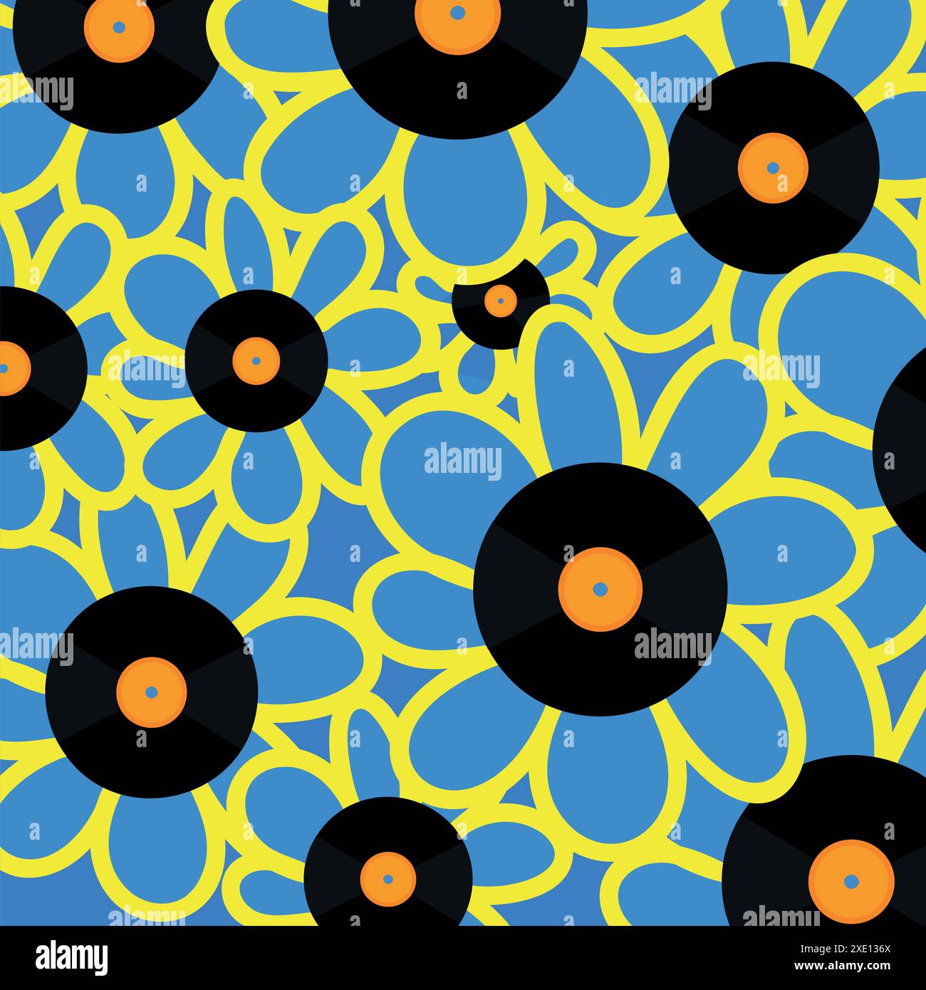 Many vinyl records forming blue and yellow flowers, showing summer vibe ...