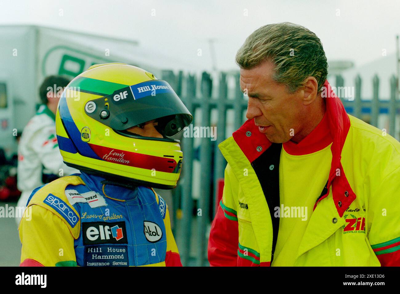 Mr Karting Martin Hines of ZIP kart seen here talking to Lewis Hamilton in 1998 at PF ...