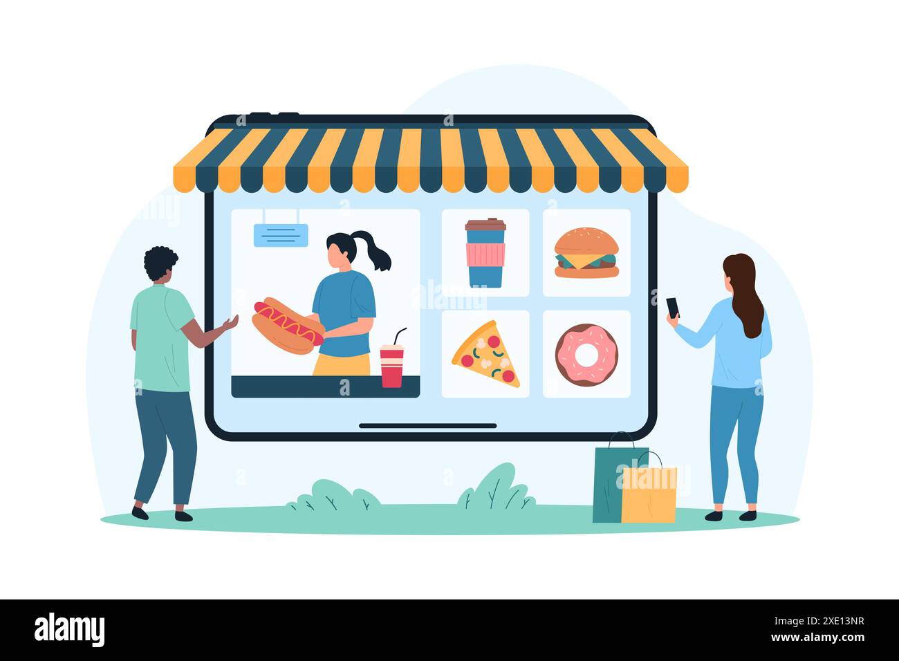 Order fast food in mobile app. Girl on tablet screen selling hot dog ...