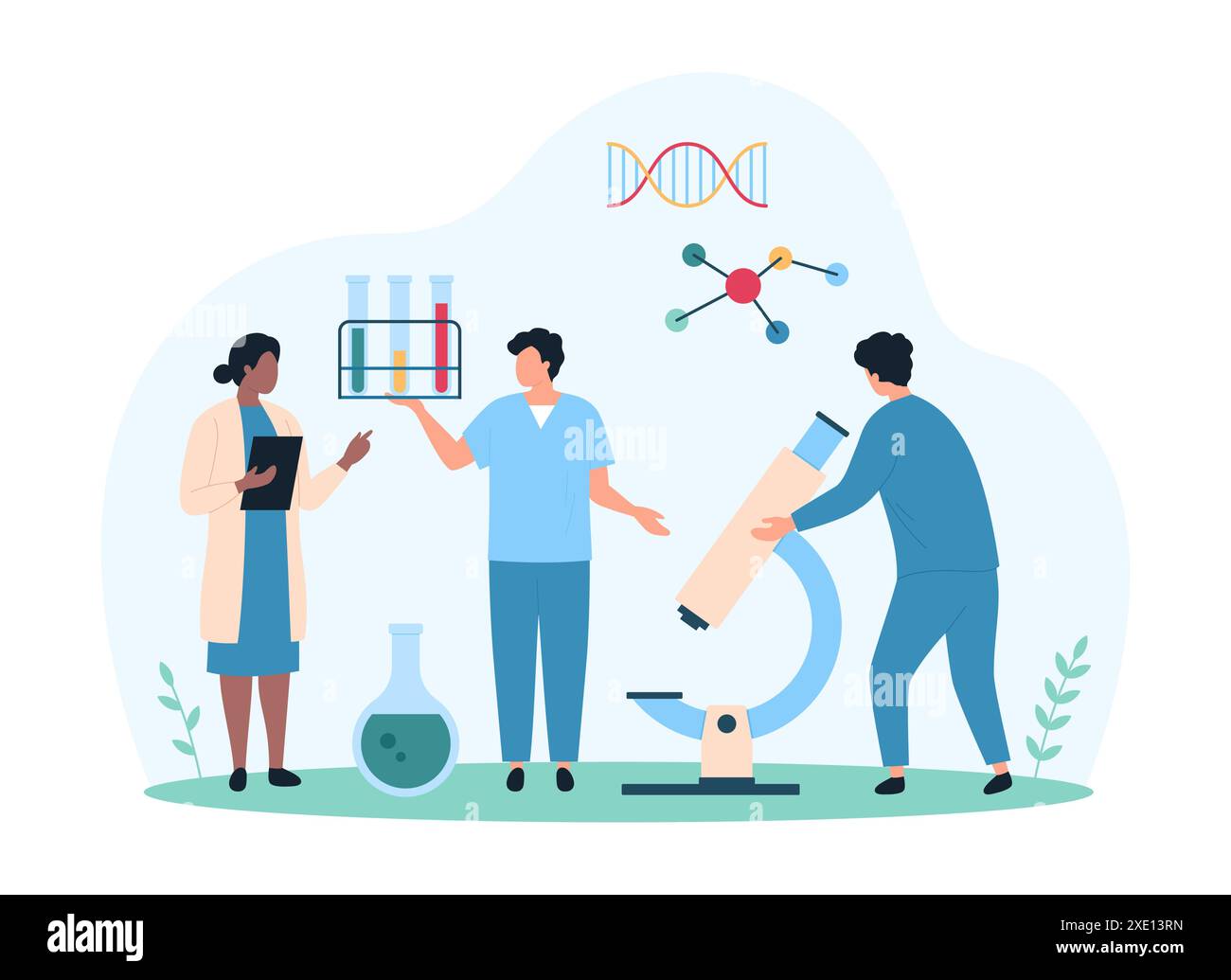 Molecular structure and formula research in chemical laboratory, chemistry class. Tiny people ...