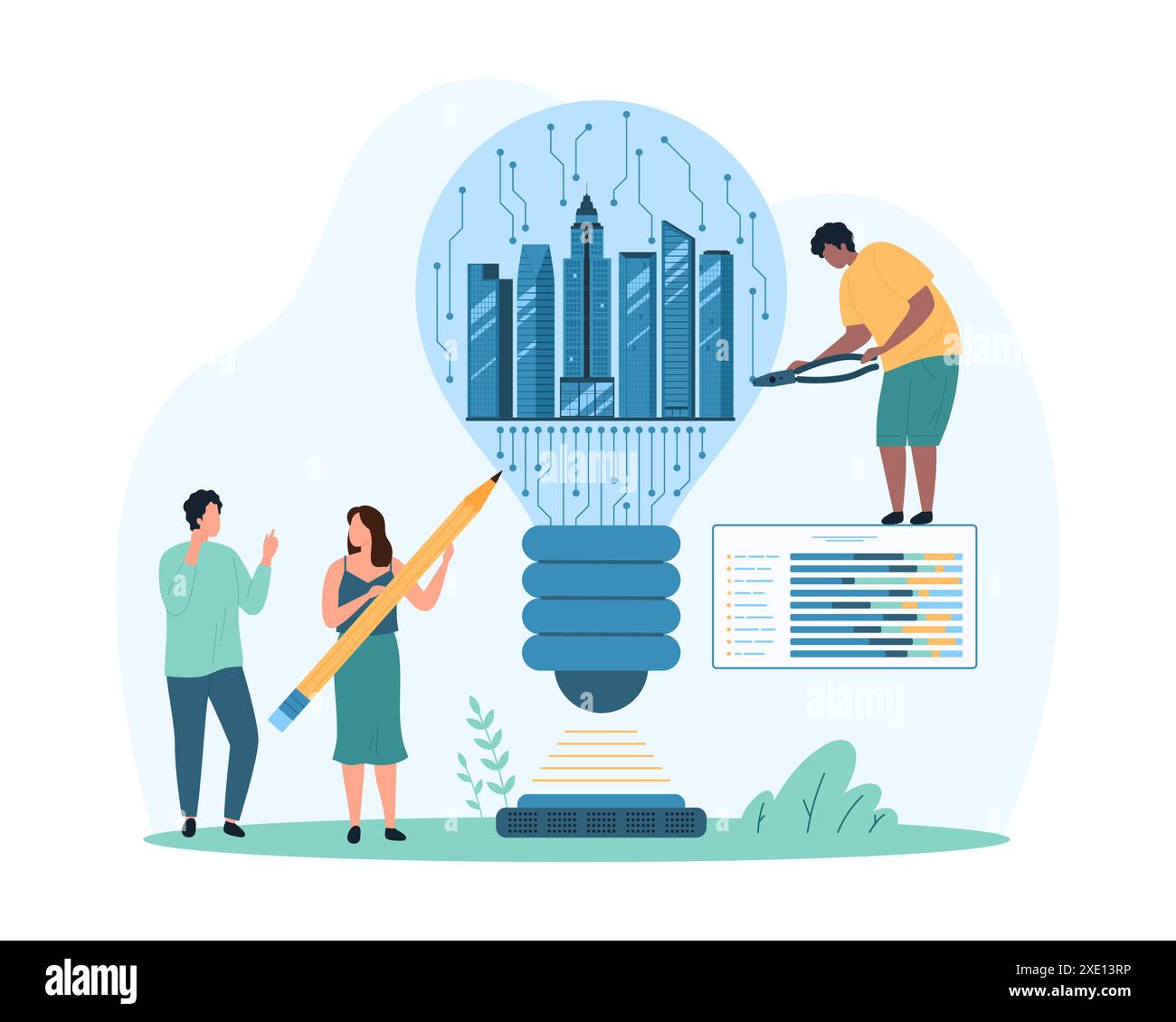 Green energy project development for futuristic city. Tiny people ...