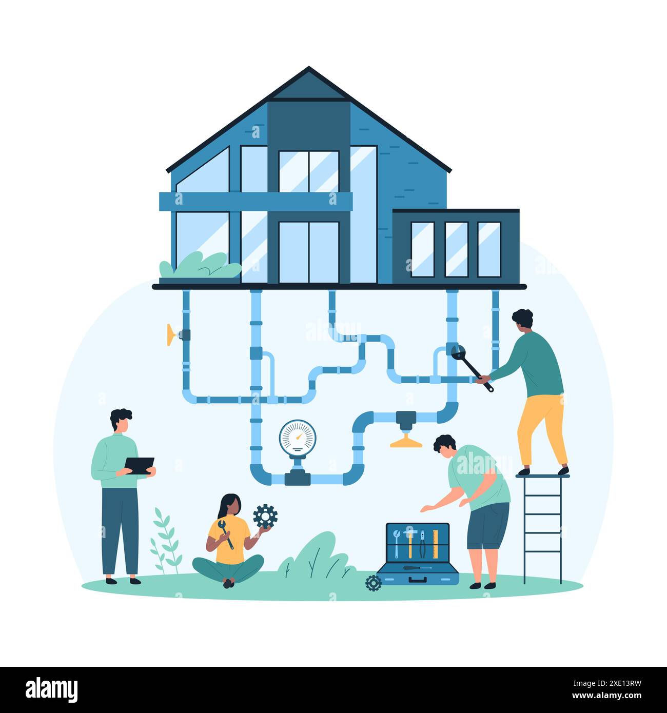 Installation and repair of water supply pipelines in basement of modern ...