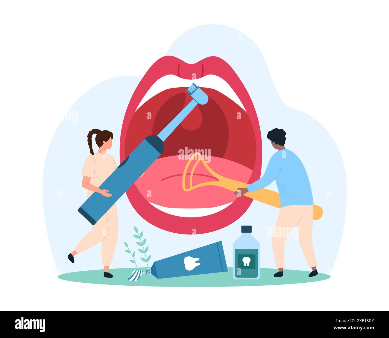 Oral hygiene, dental care, daily brushing and whitening. Tiny people ...