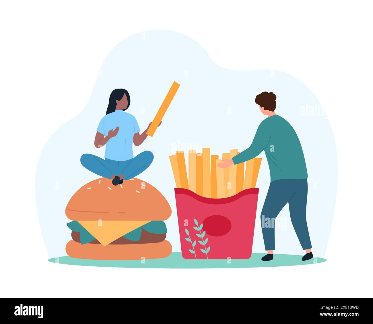 Fast food restaurant order and delivery of snacks. Tiny happy people ...