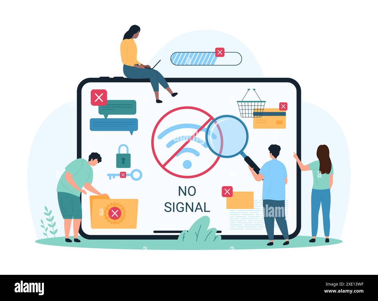 Internet offline, weak or no online network signal. Tiny people with ... Internet offline, weak or no online network signal. Tiny people with ...