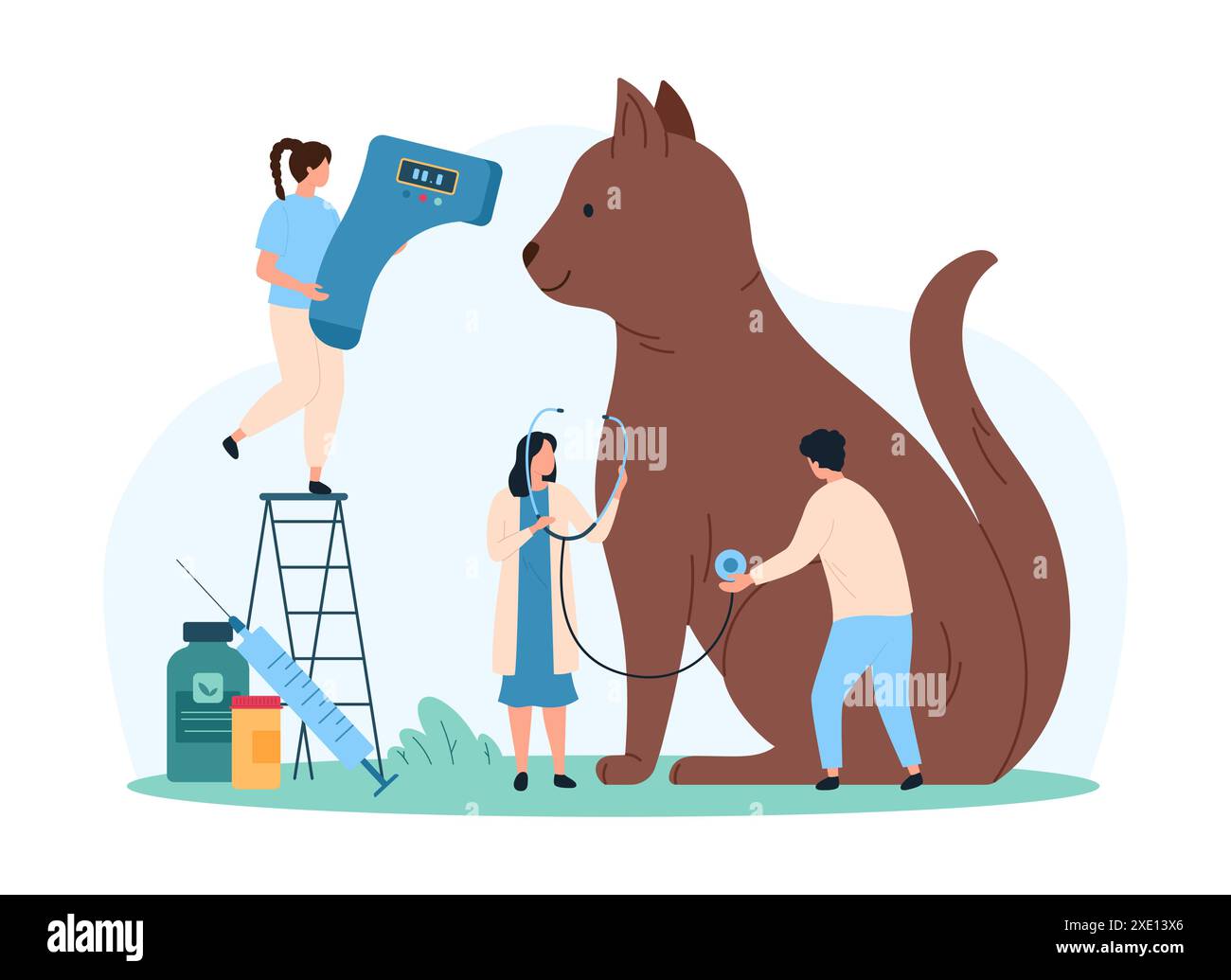 Veterinarian examination, visit in clinic. Tiny people with infrared ...