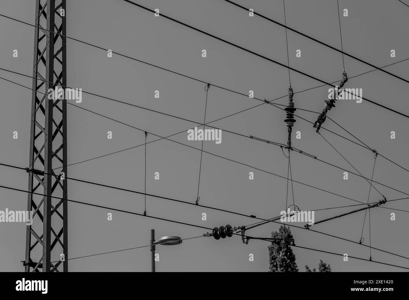 power overhead lines at a railroad station in germany Stock Photo - Alamy