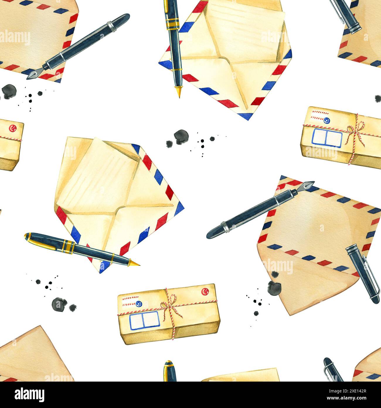 Postal envelopes with red and blue stripes, package, fountain pens. All ...