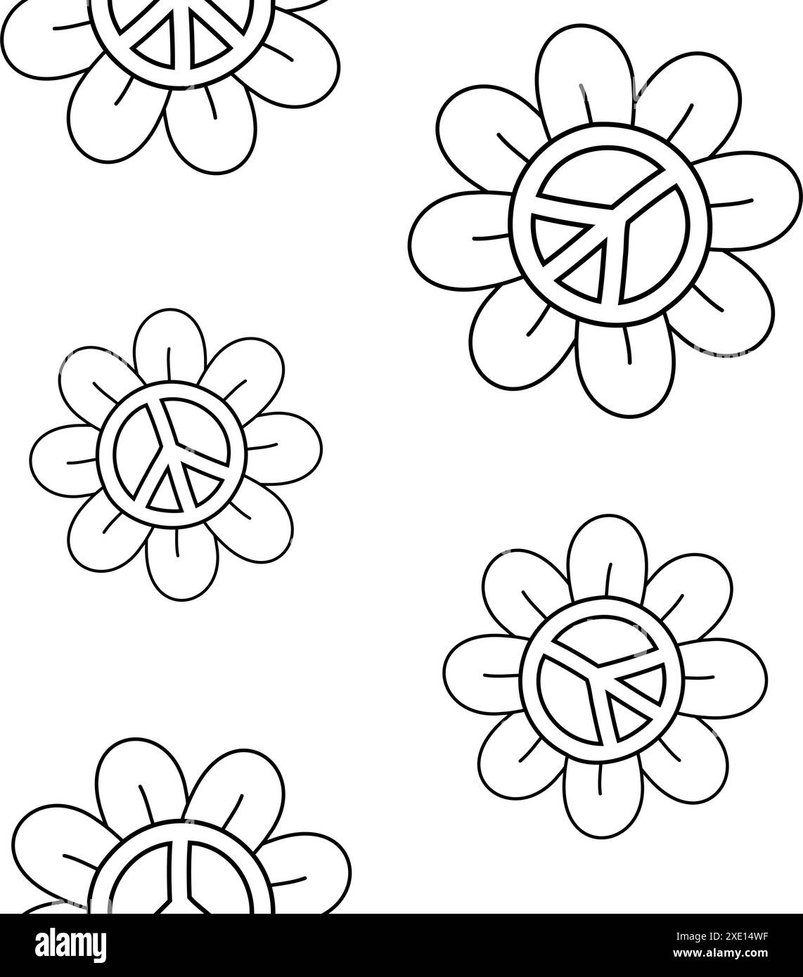 Vector seamless pattern of outline groovy retro peace sign and flowers ...