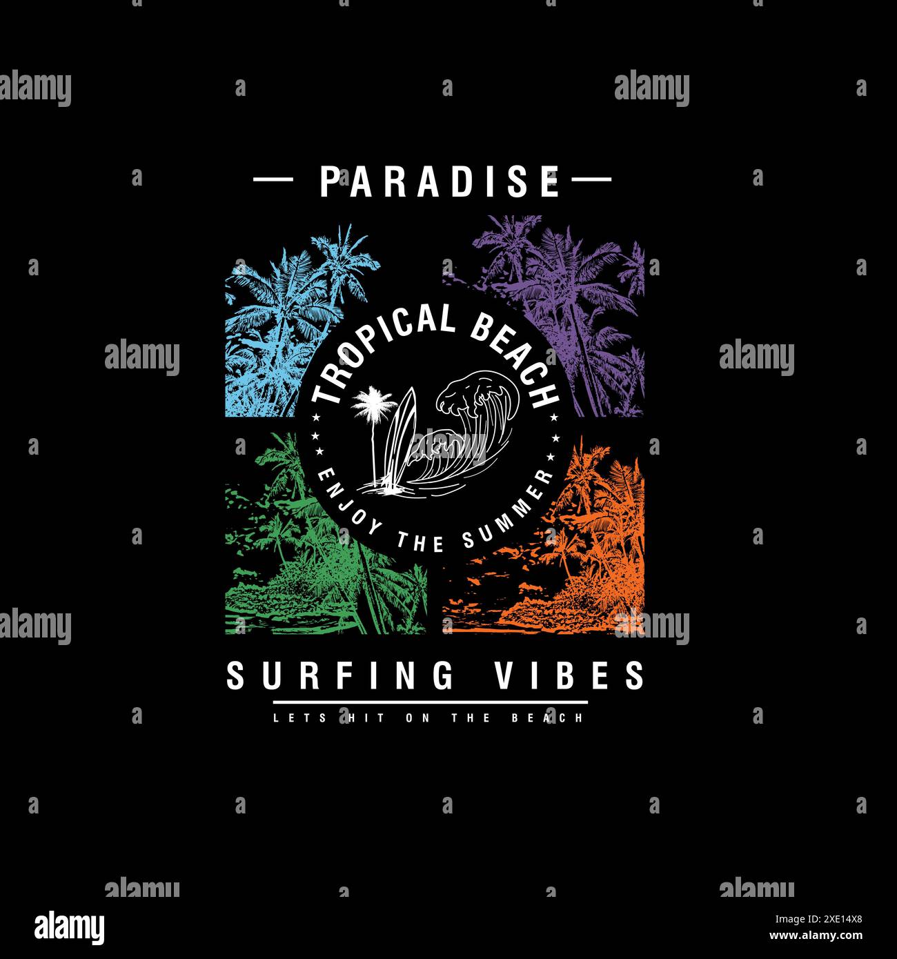 Paradise Tropical beach surfing vibes typography summer graphic poster ...