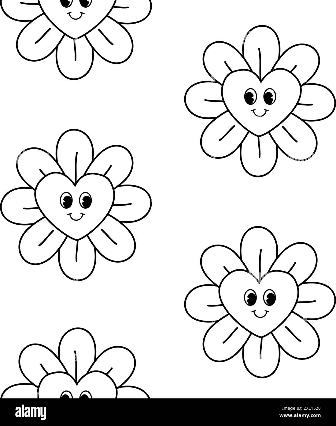 Vector seamless pattern of groovy retro cartoon outline flower with ...