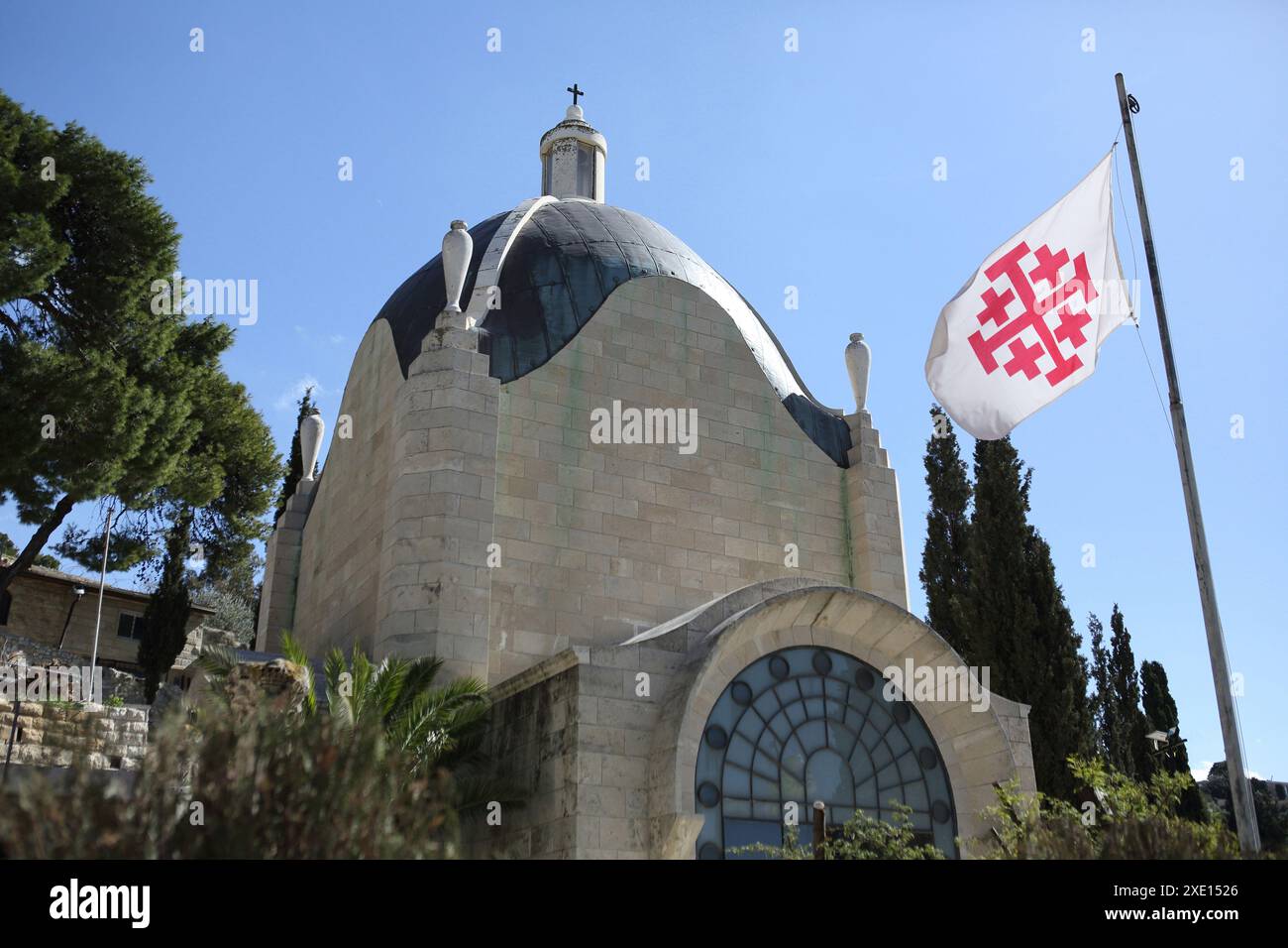 Franciscan Chapel of Dominus Flevit & flag with the Jerusalem Cross on ...