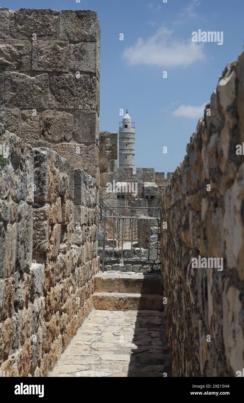 The wall of the Old City of Jerusalem leading to the Tower of David or ...