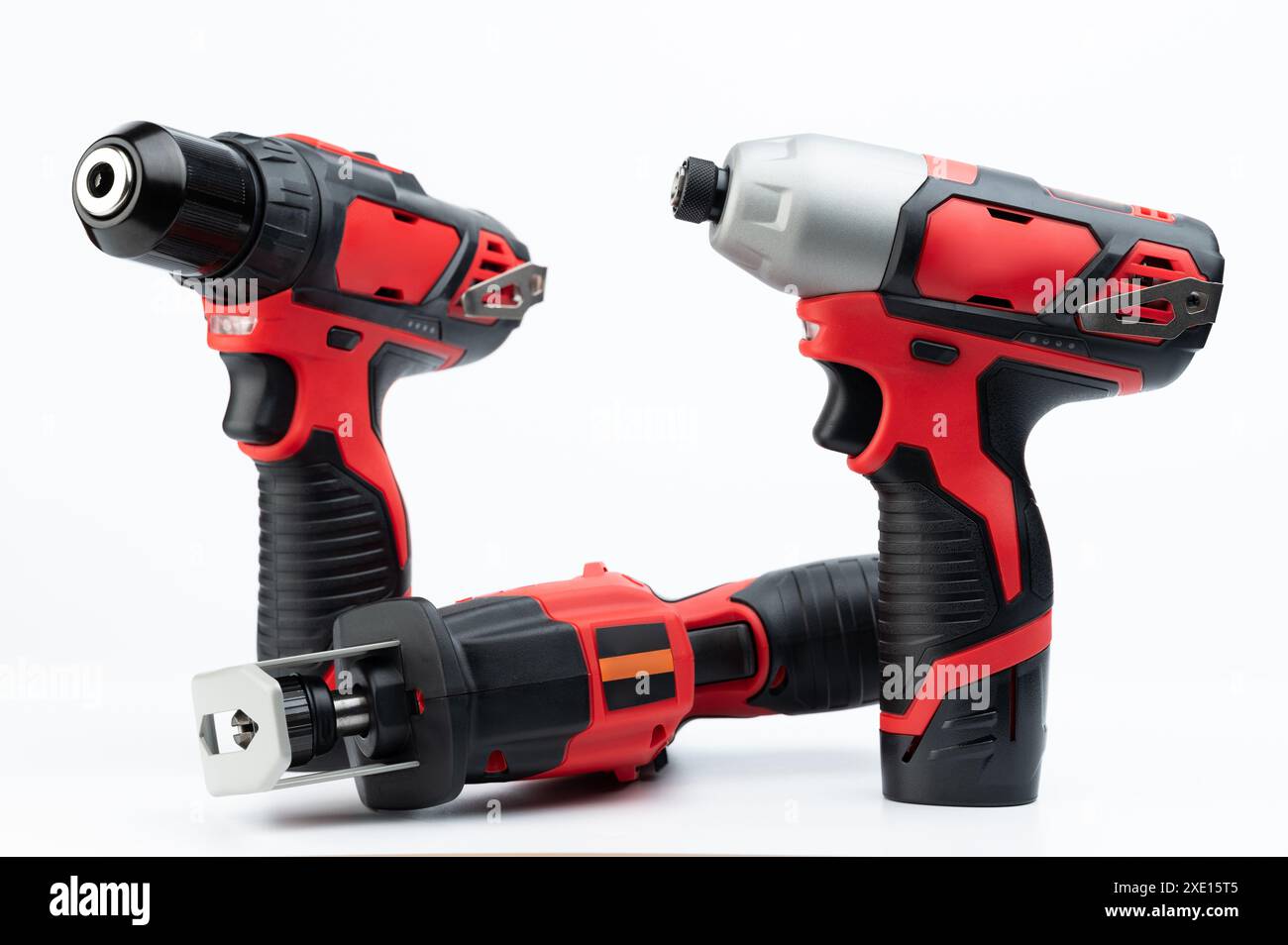 Red handyman electric tools on battery power isolated on white studio ...