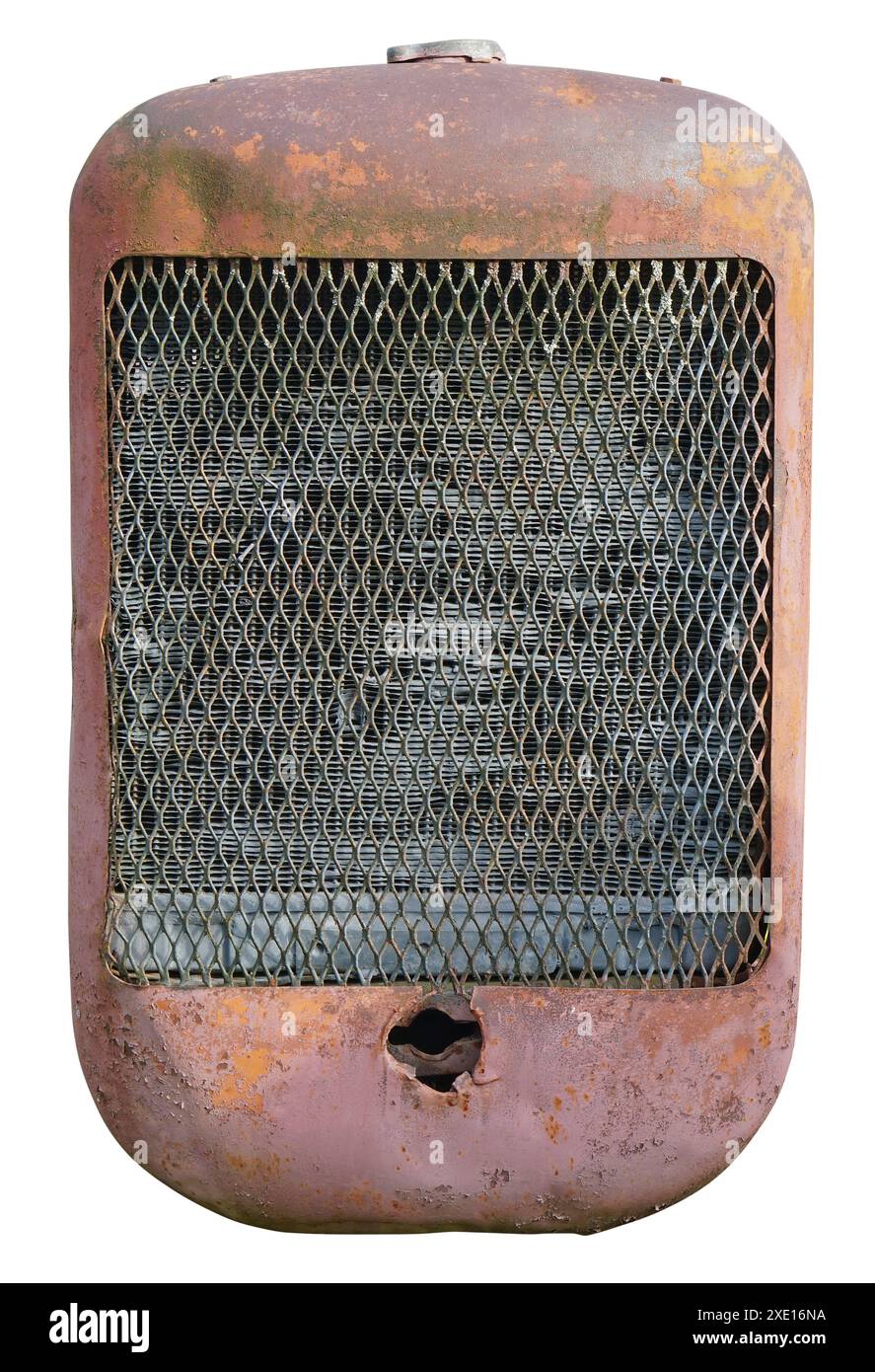 Rusty red painted radiator of a vintage agricultural tracto isolated ...