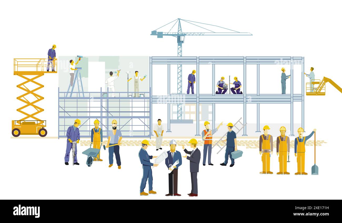 House construction site with tradesmen and construction machinery ...