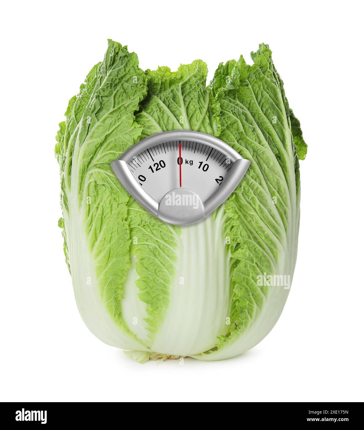 Green cabbage with analog weighing scale display isolated on white ...