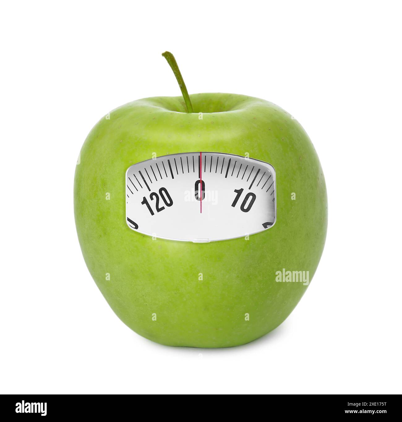 Green apple with analog weighing scale display isolated on white Stock ...