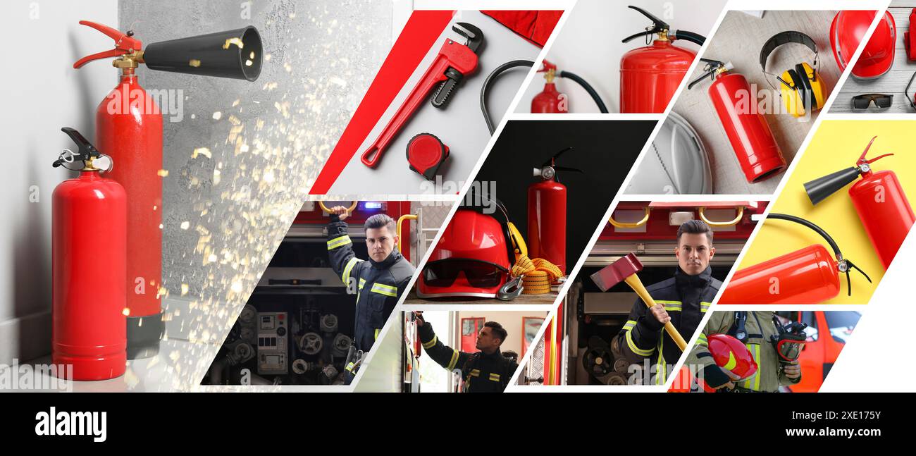 Collage with fire extinguishers, firefighter and firetruck. Banner ...