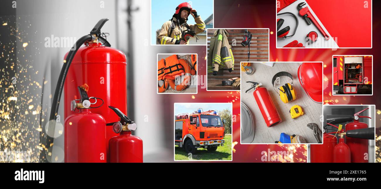 Collage with fire extinguishers, firefighter and firetruck. Banner ...