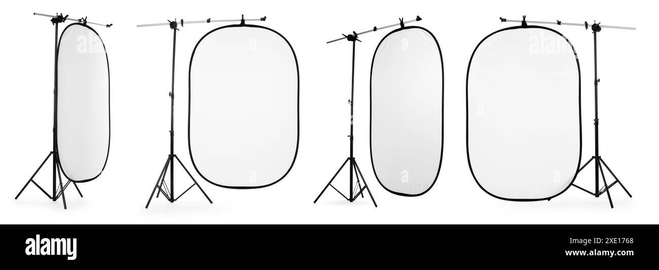 Professional reflectors isolated on white, set. Photo studio equipment ...