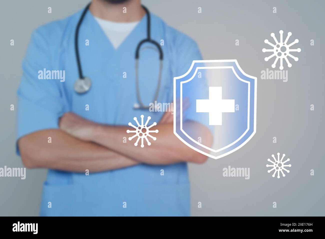 Strong immunity, concept. Doctor and illustration of shield and viruses ...