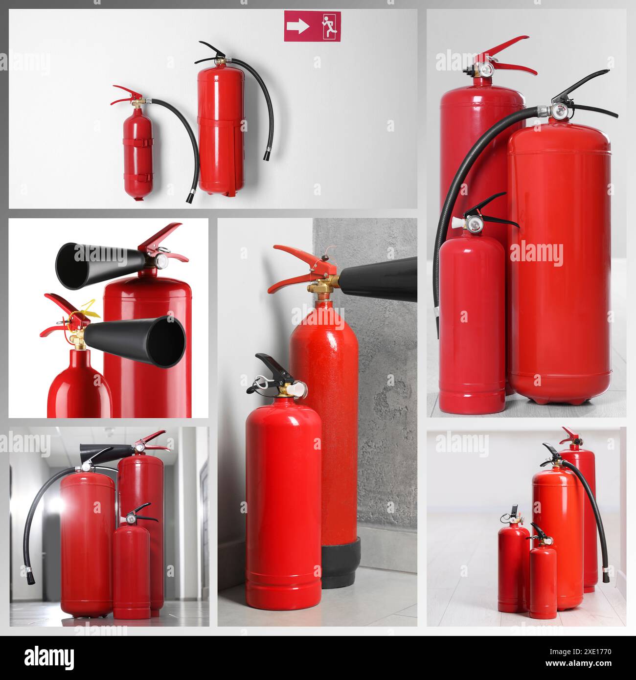 Collage with red fire extinguishers. Safety precautions Stock Photo - Alamy