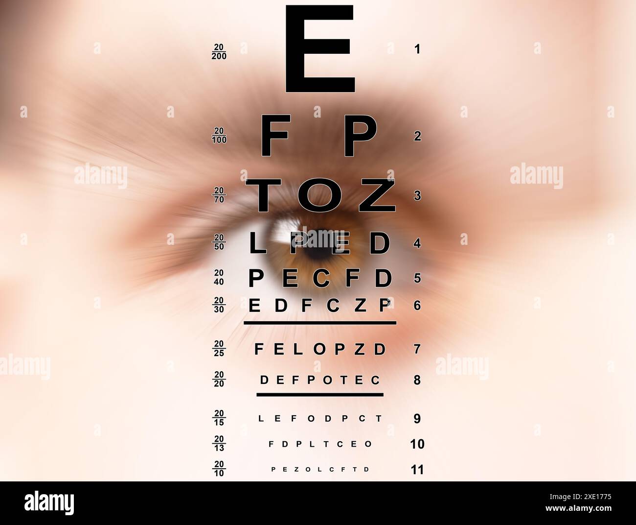 Snellen chart and closeup of man's eye, selective focus. Vision acuity ...