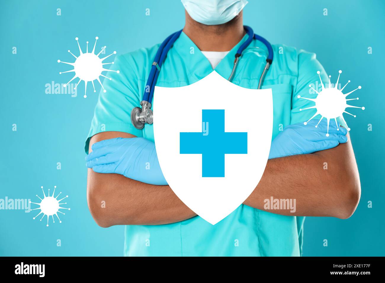 Strong immunity, concept. Doctor and illustration of shield and viruses ...