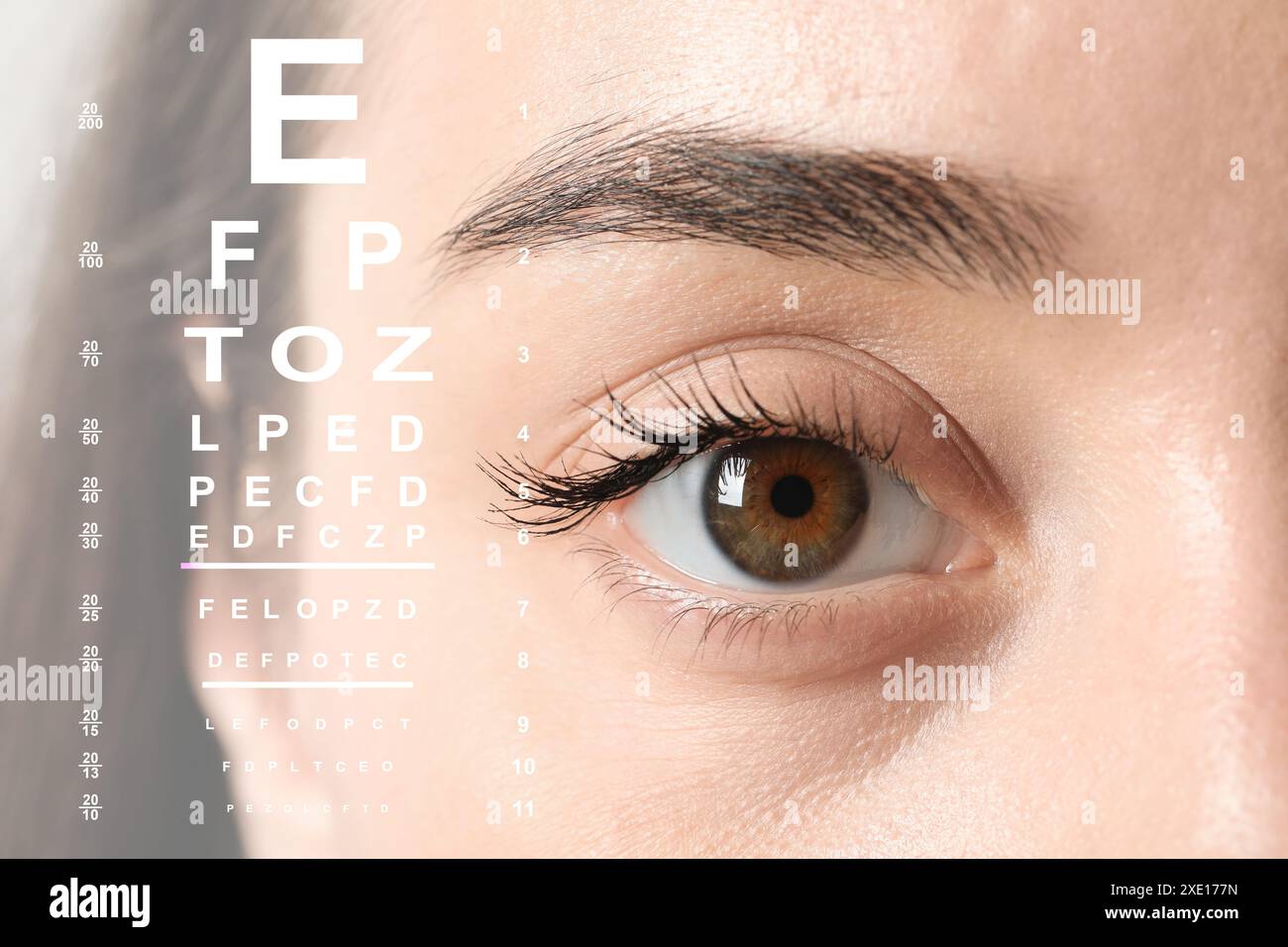 Snellen chart and closeup of woman's eye. Vision acuity test Stock ...