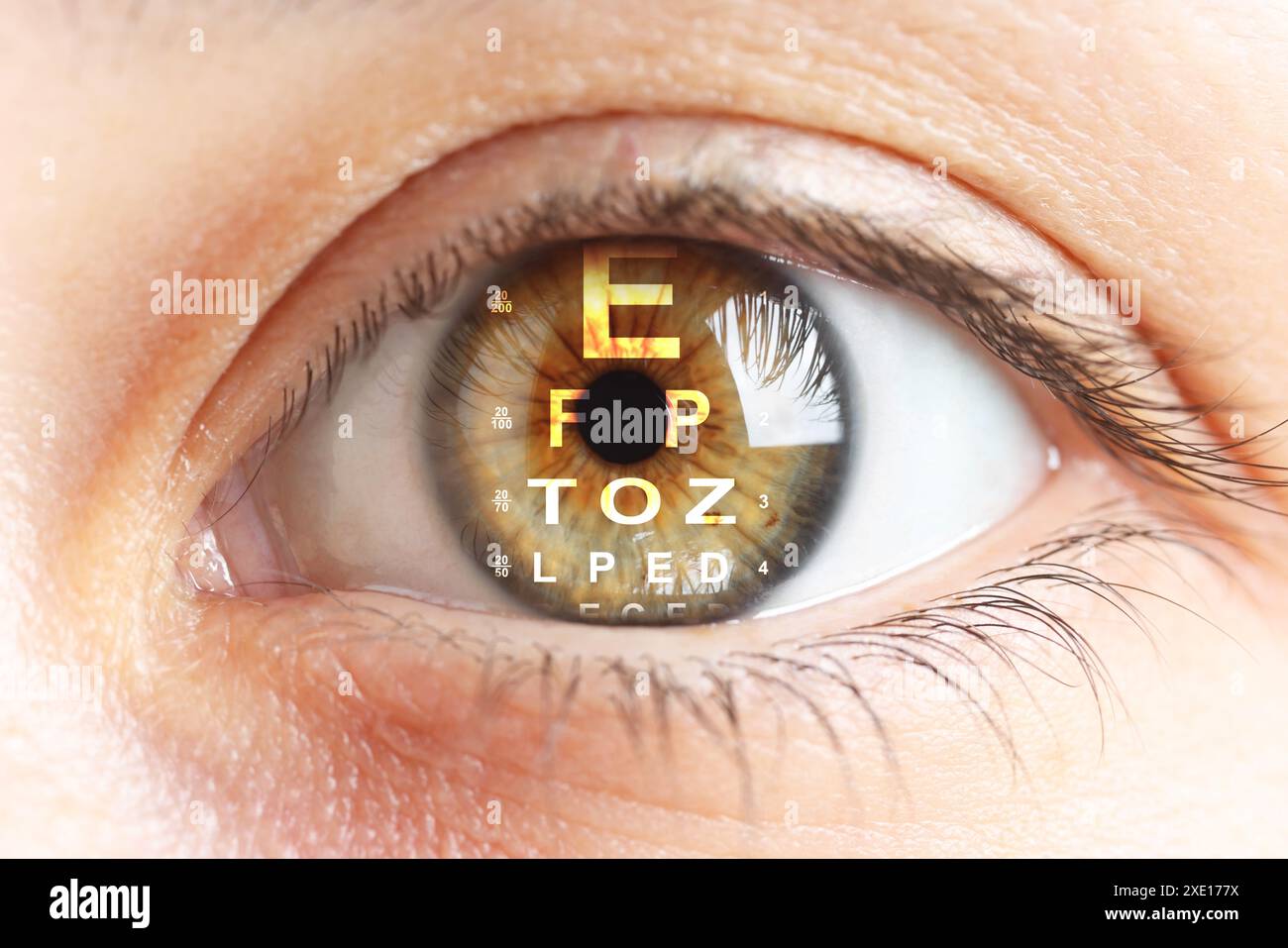 Snellen chart in woman's eye, closeup. Vision acuity test Stock Photo ...