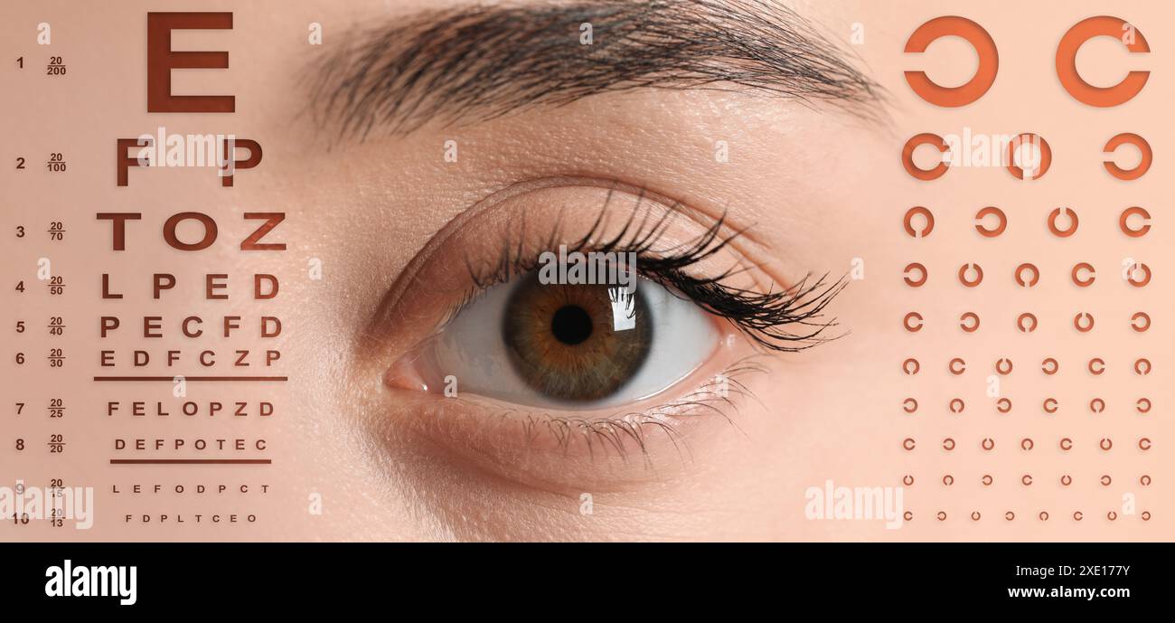 Eye charts and closeup of woman's eye. Vision acuity test. Banner ...