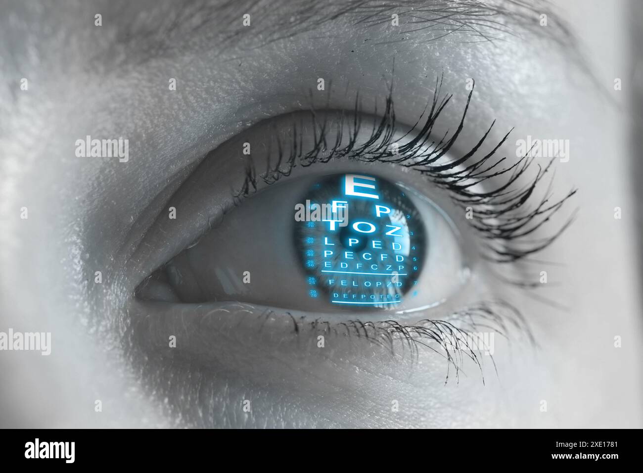Snellen chart in woman's eye, closeup. Vision acuity test. Color toned ...