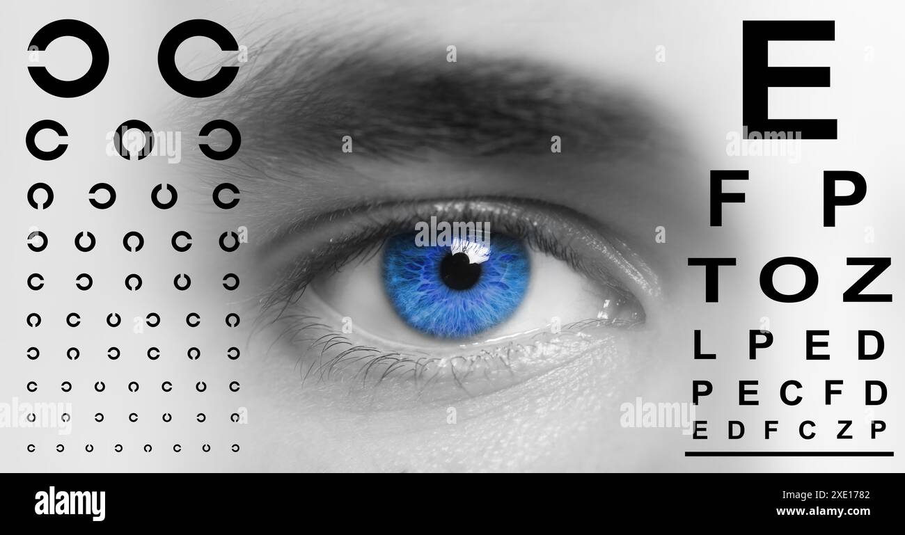 Eye charts and closeup of man's eye. Vision acuity test. Color toned ...