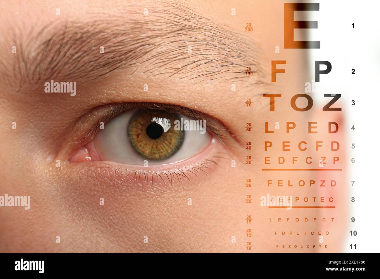 Snellen chart and closeup of man's eye, double exposure. Vision acuity ...