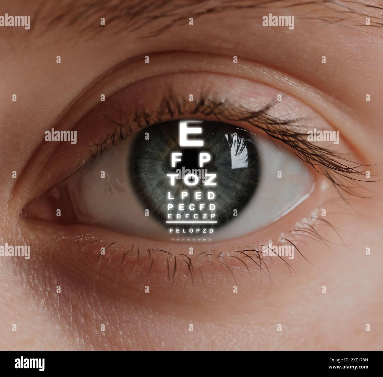 Snellen chart in woman's eye, closeup. Vision acuity test Stock Photo ...