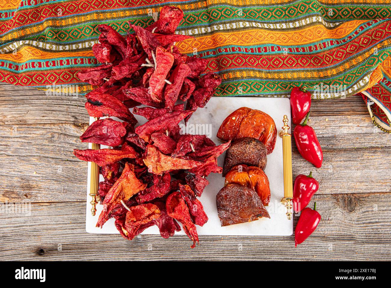 Organic dried sweet bell pepper. Dried peppers hanging in a close-up of ...