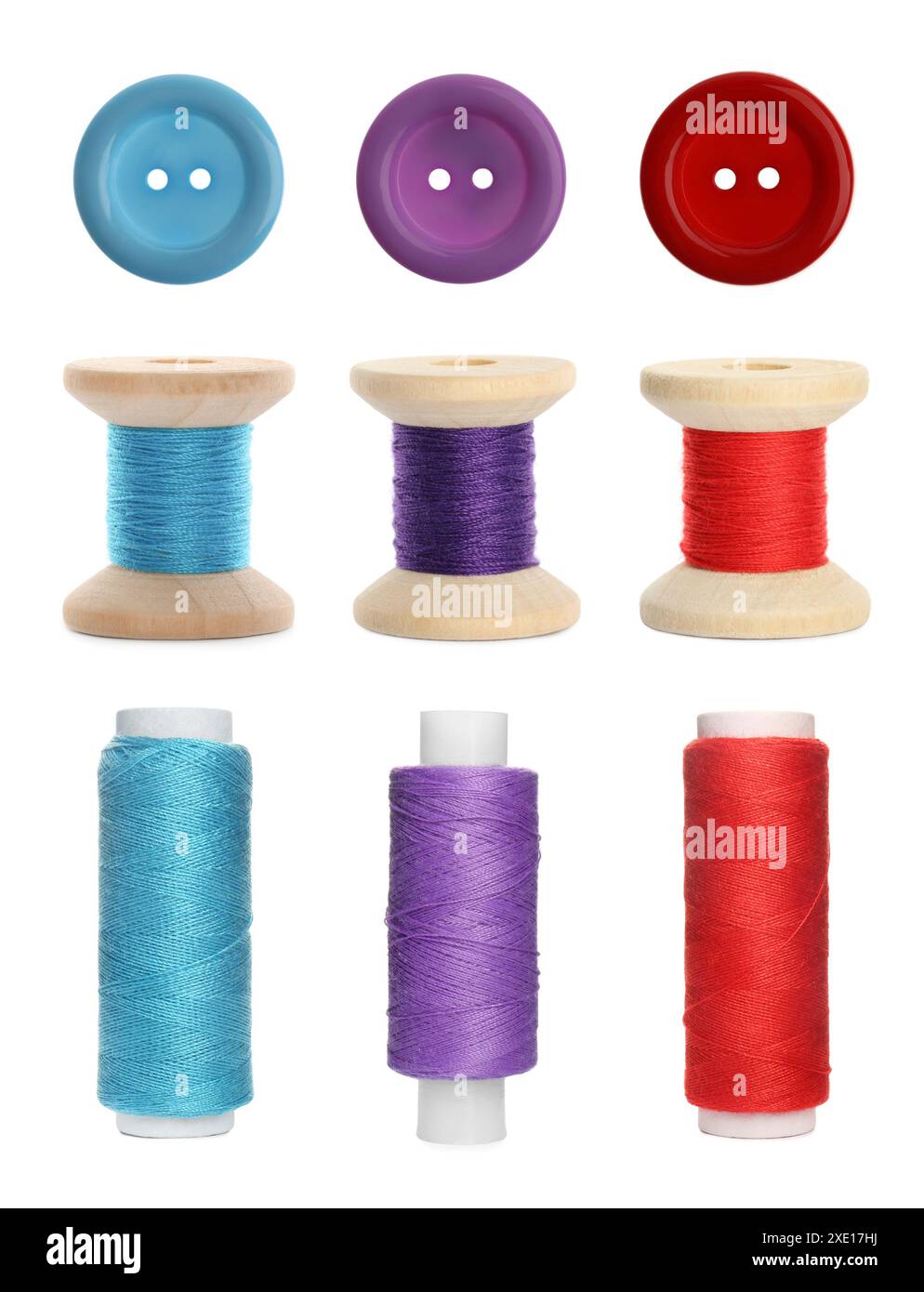 Buttons and threads isolated on white, set. Sewing stuff Stock Photo ...