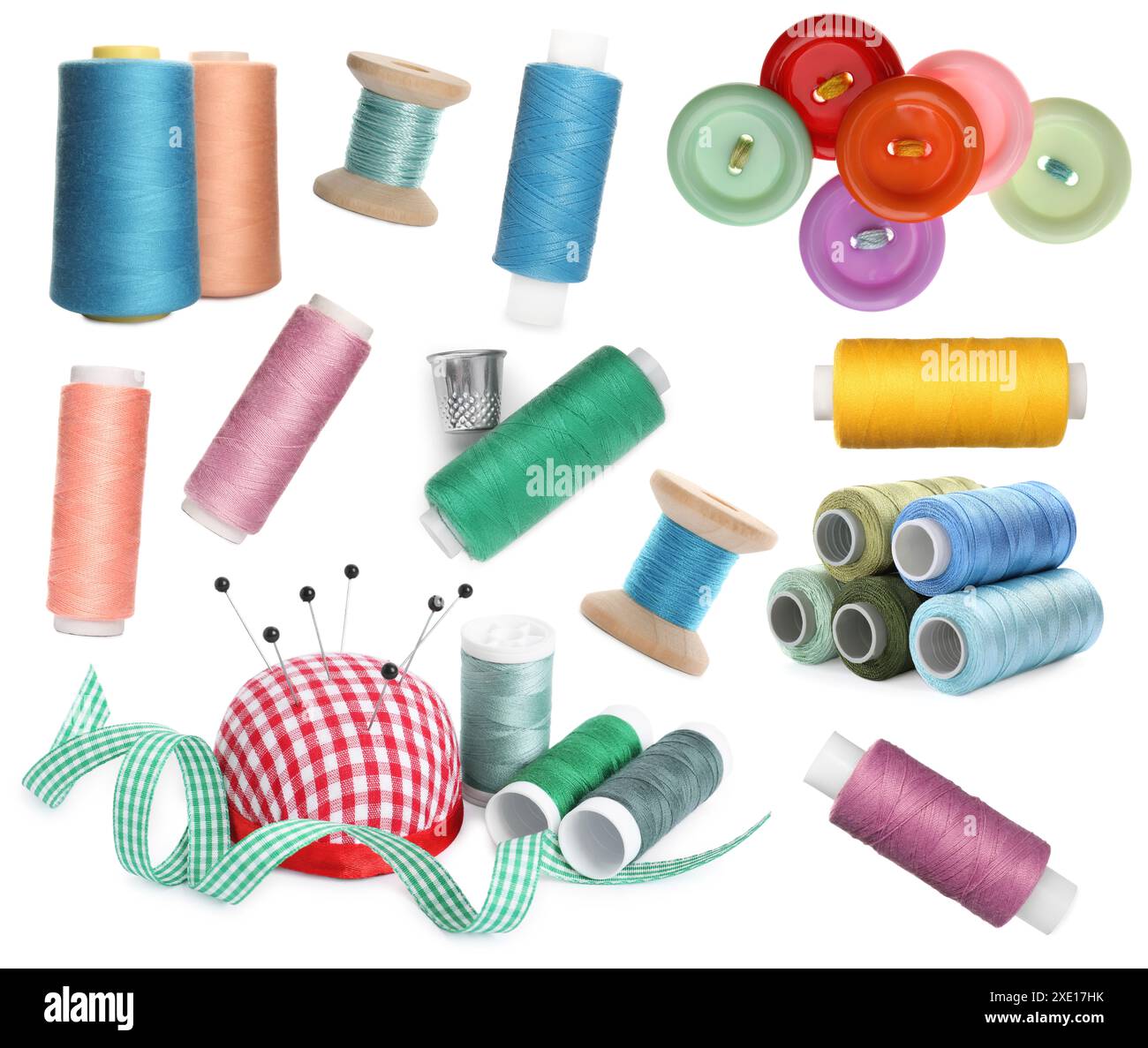 Set with different sewing stuff isolated on white Stock Photo - Alamy
